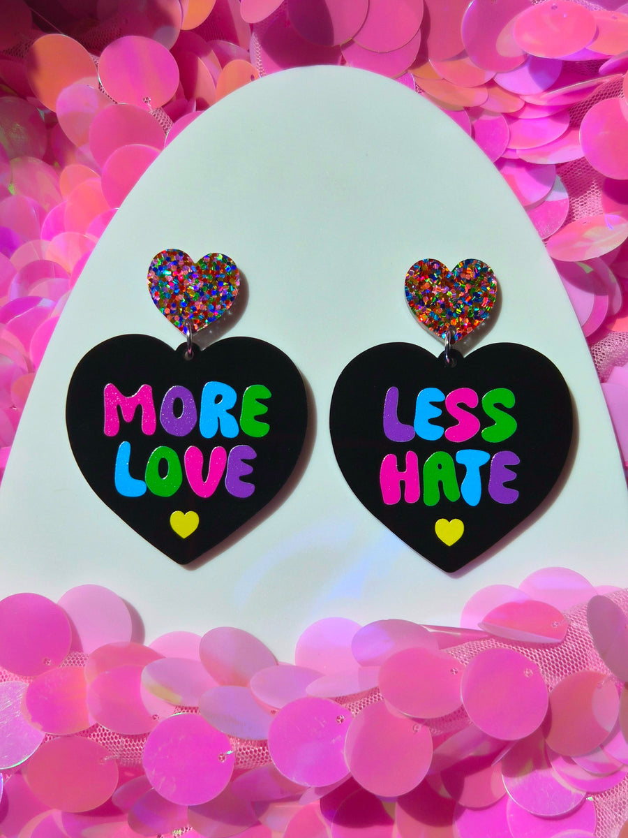 More Love Less Hate (Dangles) Black/Rainbow Glitter – Hey Polly