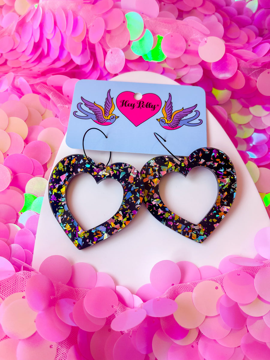 Huge Hearts (Hoops) Rainbow Black Foil – Hey Polly